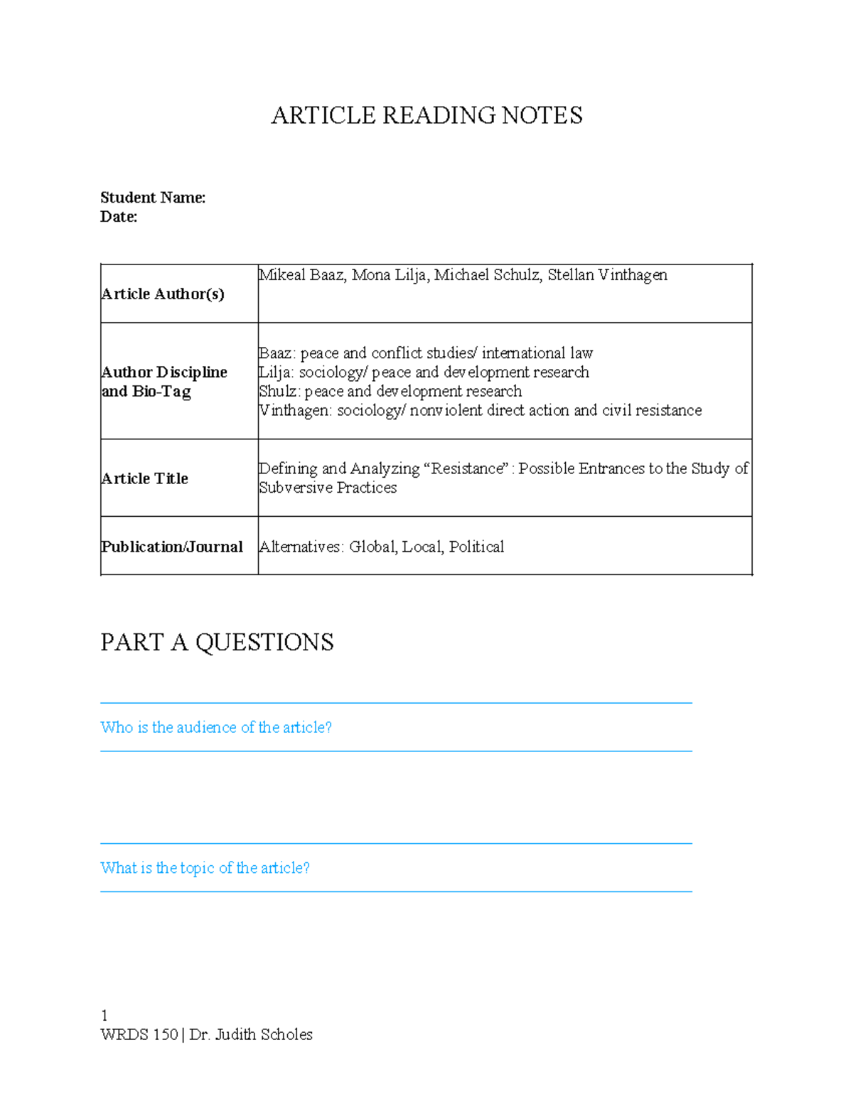 Article 1 Reading Notes - ARTICLE READING NOTES Student Name: Date ...