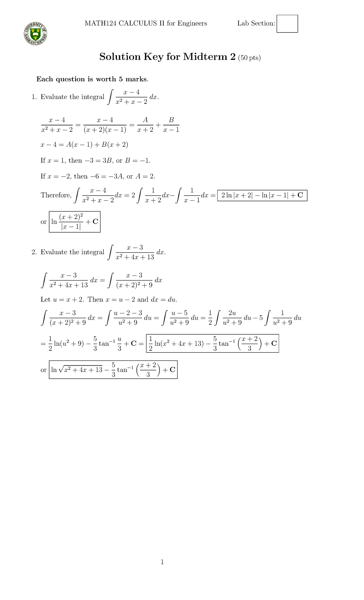Exam 2013, questions and answers - Midterm 2 - MATH124 CALCULUS II for Engineers Lab Section ...