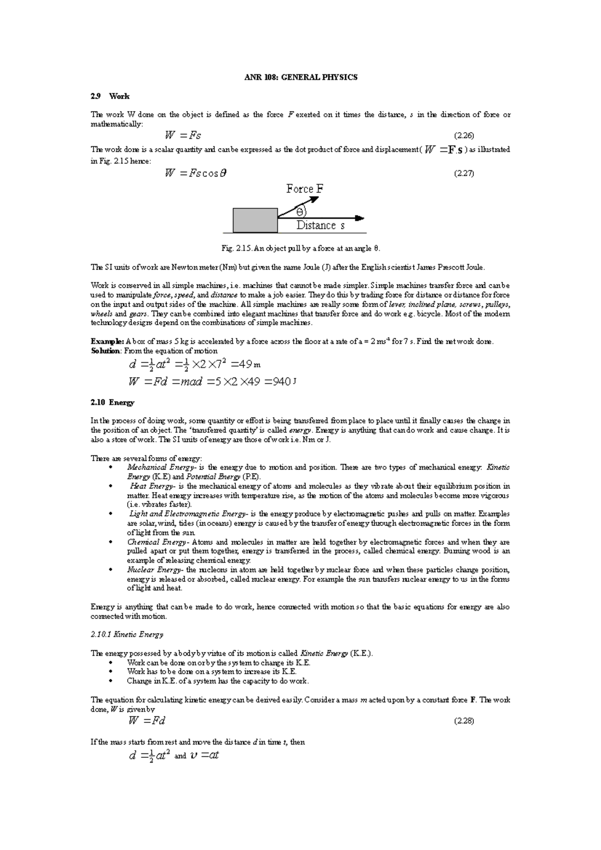 ANR 1O8 Notes - Study material - ANR 108: GENERAL PHYSICS 2 Work The ...