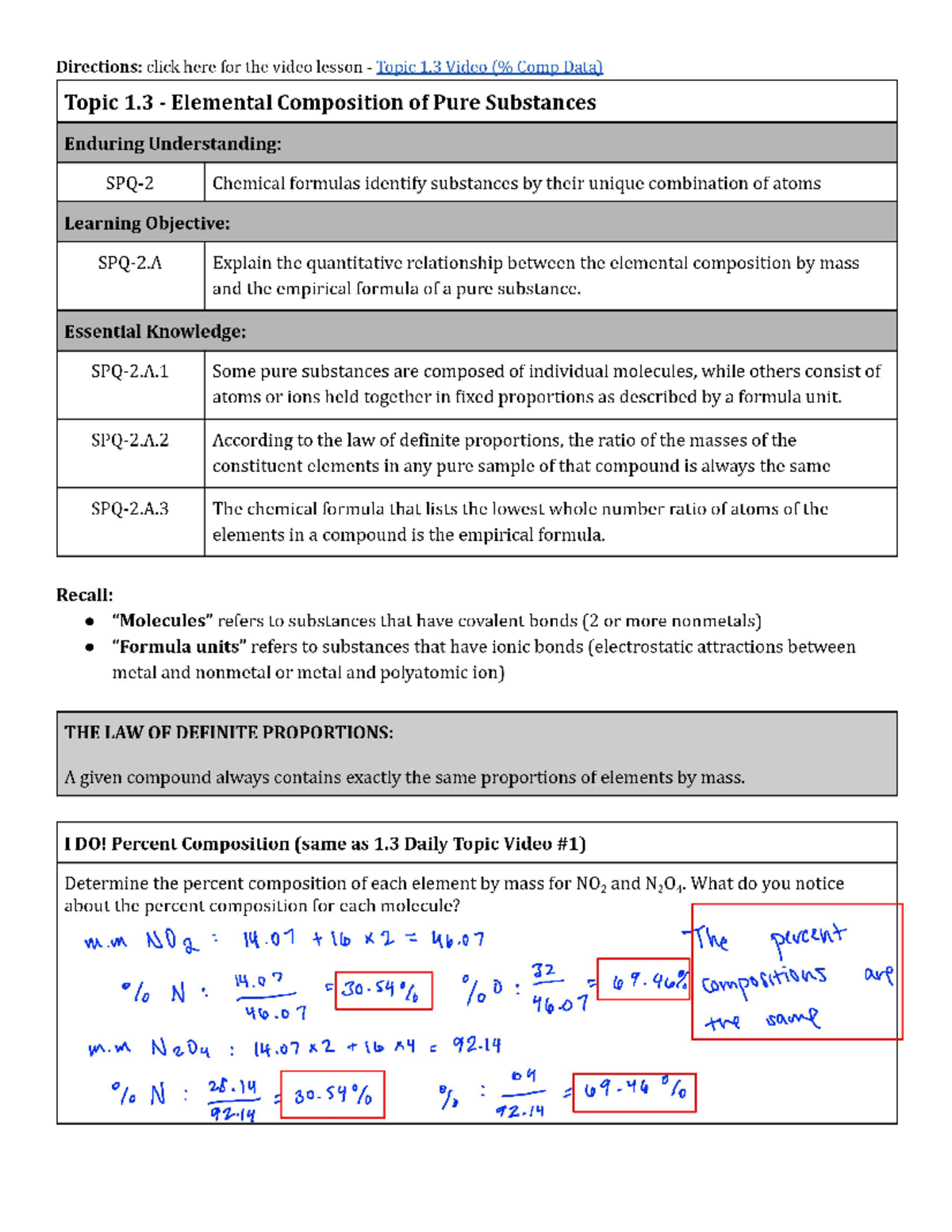 0009 - Part of Topic 1.3 - Elemental Composition of Pure Substances ...