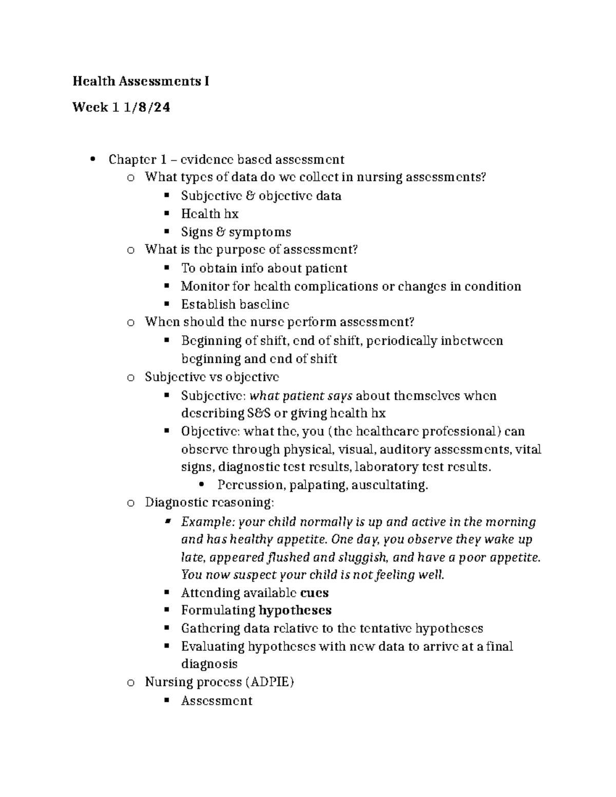 Health assessment week 1 - Health Assessments I Week 1 1/8/ Chapter 1 ...