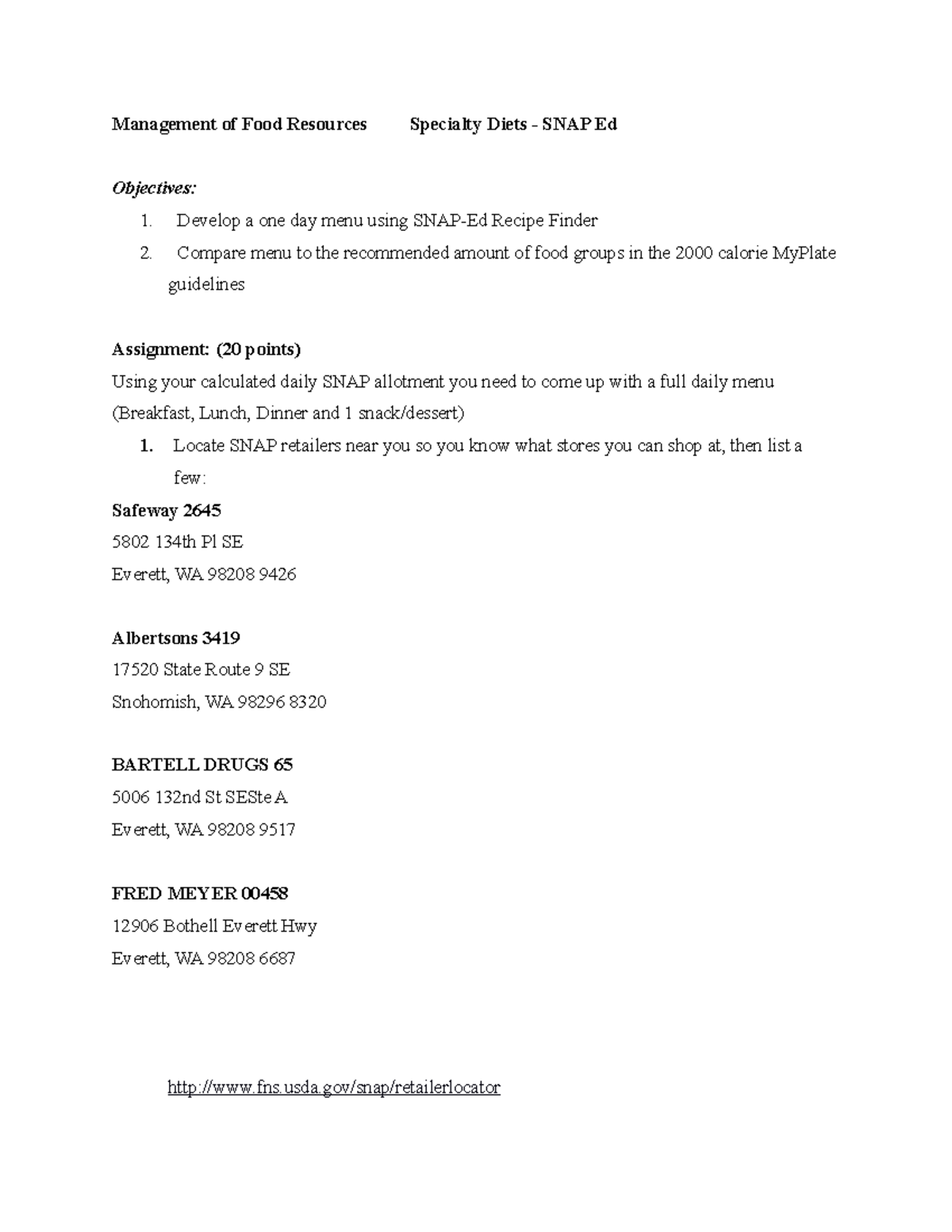 #1 SNAP-Ed menu assignment - Management of Food Resources Specialty ...