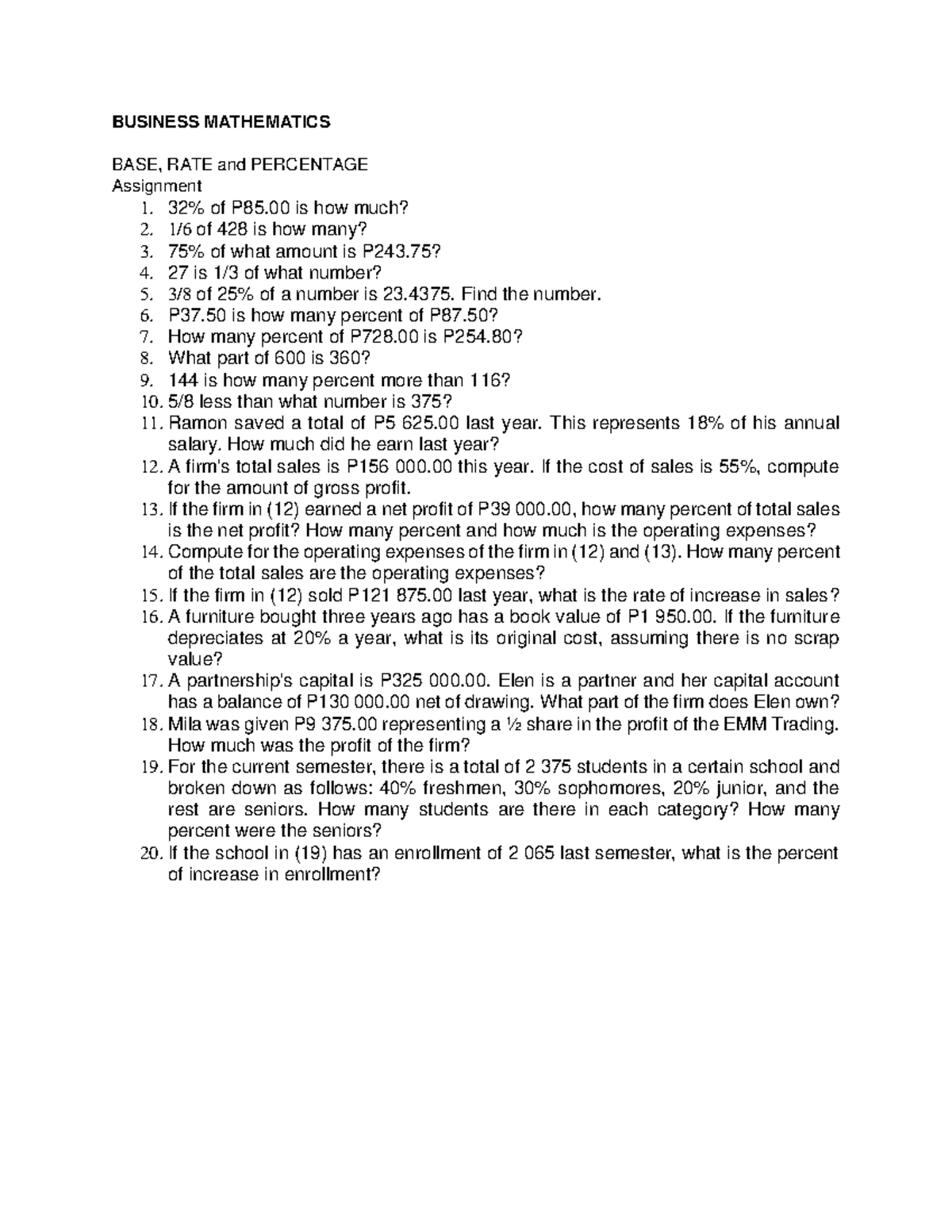 Business- Mathematics - BUSINESS MATHEMATICS BASE, RATE and PERCENTAGE ...