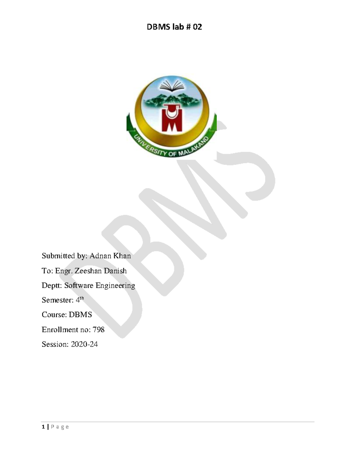 Db Lab 02 Data Base Lab 02 Submitted By Adnan Khan To Engr Zeeshan Danish Deptt Software