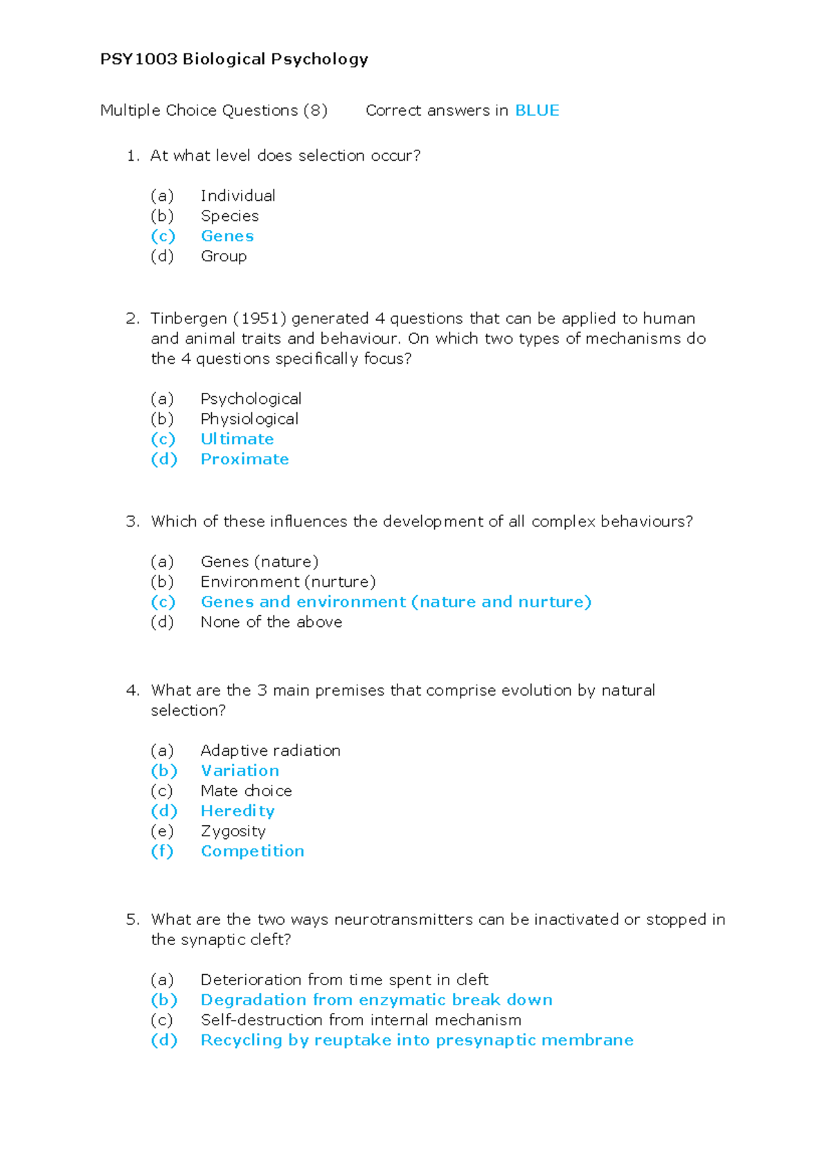 PSY1003 Bio Psych MCQs answers (part 1) - PSY1003 Biological Psychology ...
