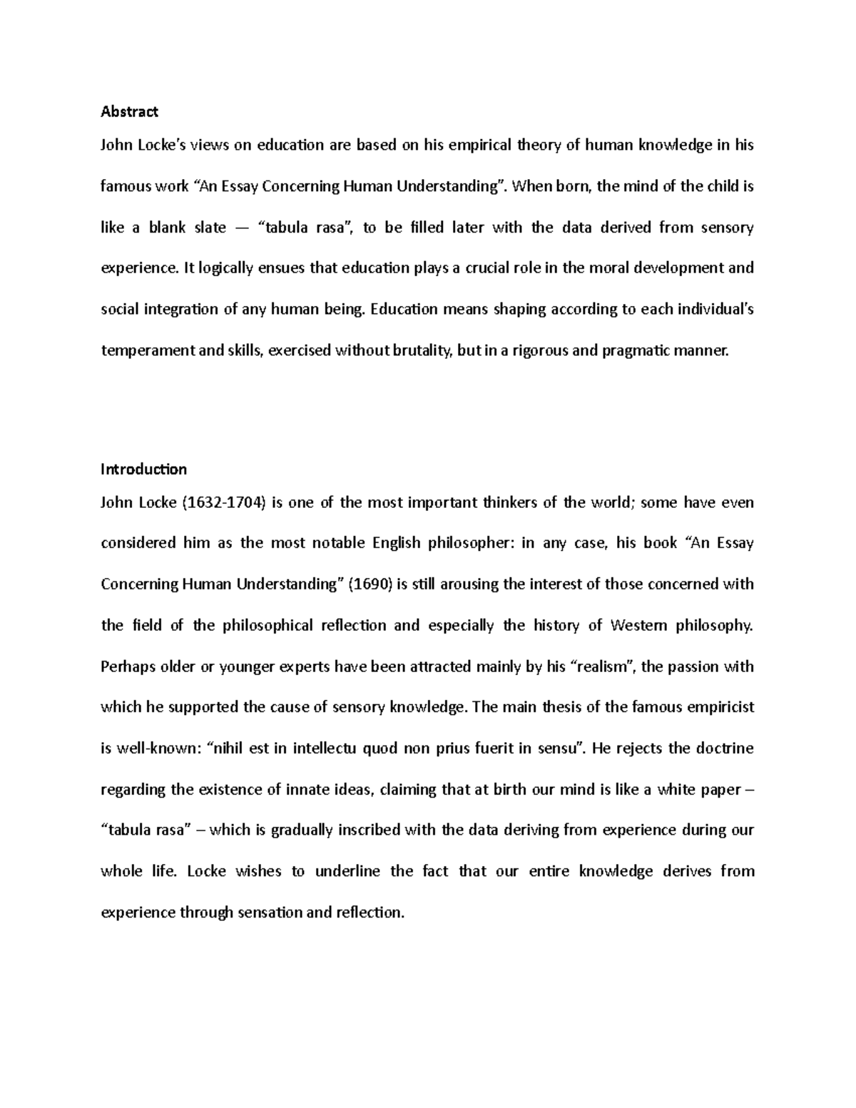 Philosophy of education II - Abstract John Locke’s views on education ...