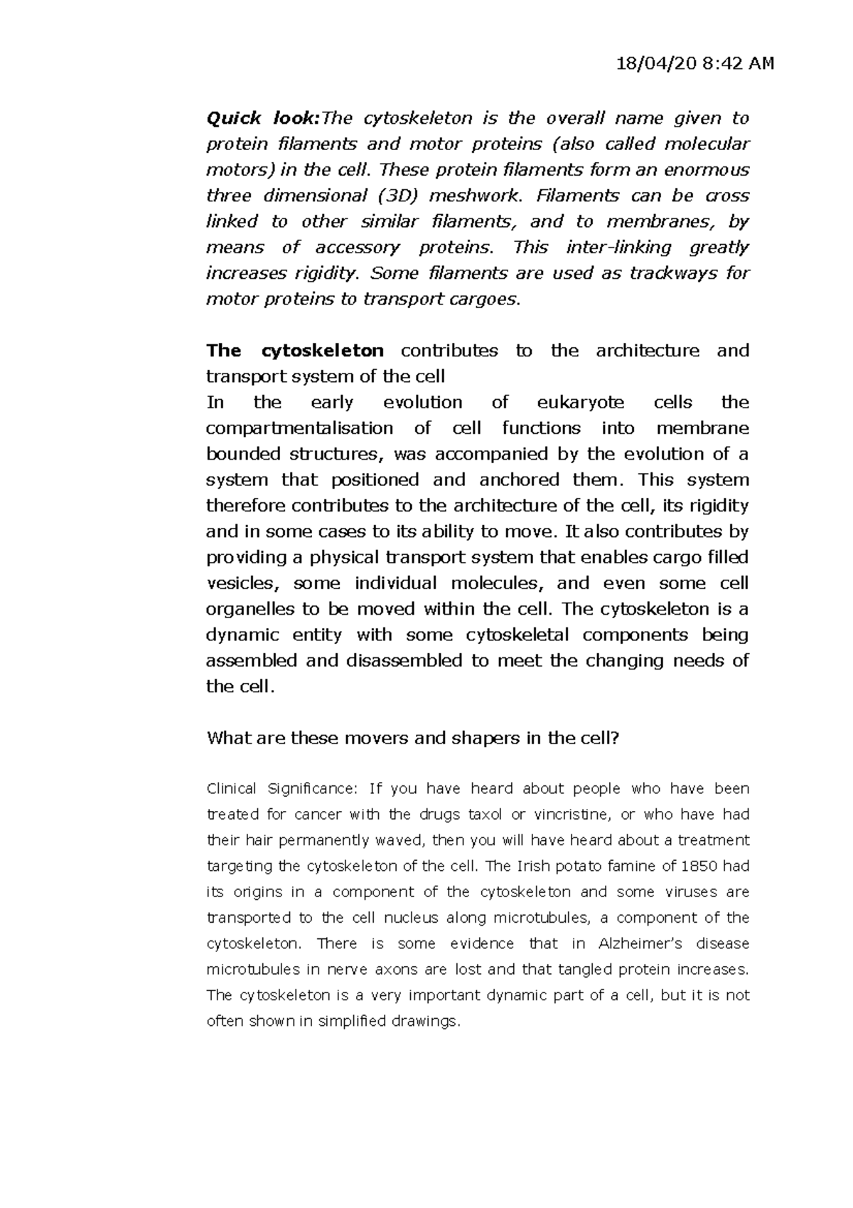 Cytoskeleton - Cell biology - 18/04/20 8:42 AM Quick look:The ...
