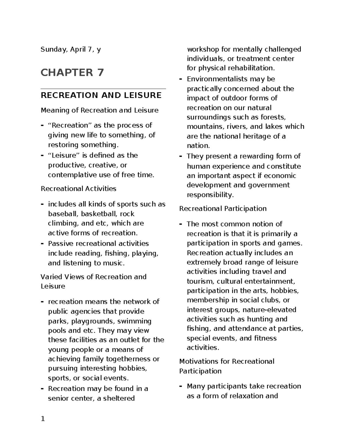 Micro Chapter 7 & 8 - Sunday, April 7, y CHAPTER 7 RECREATION AND ...