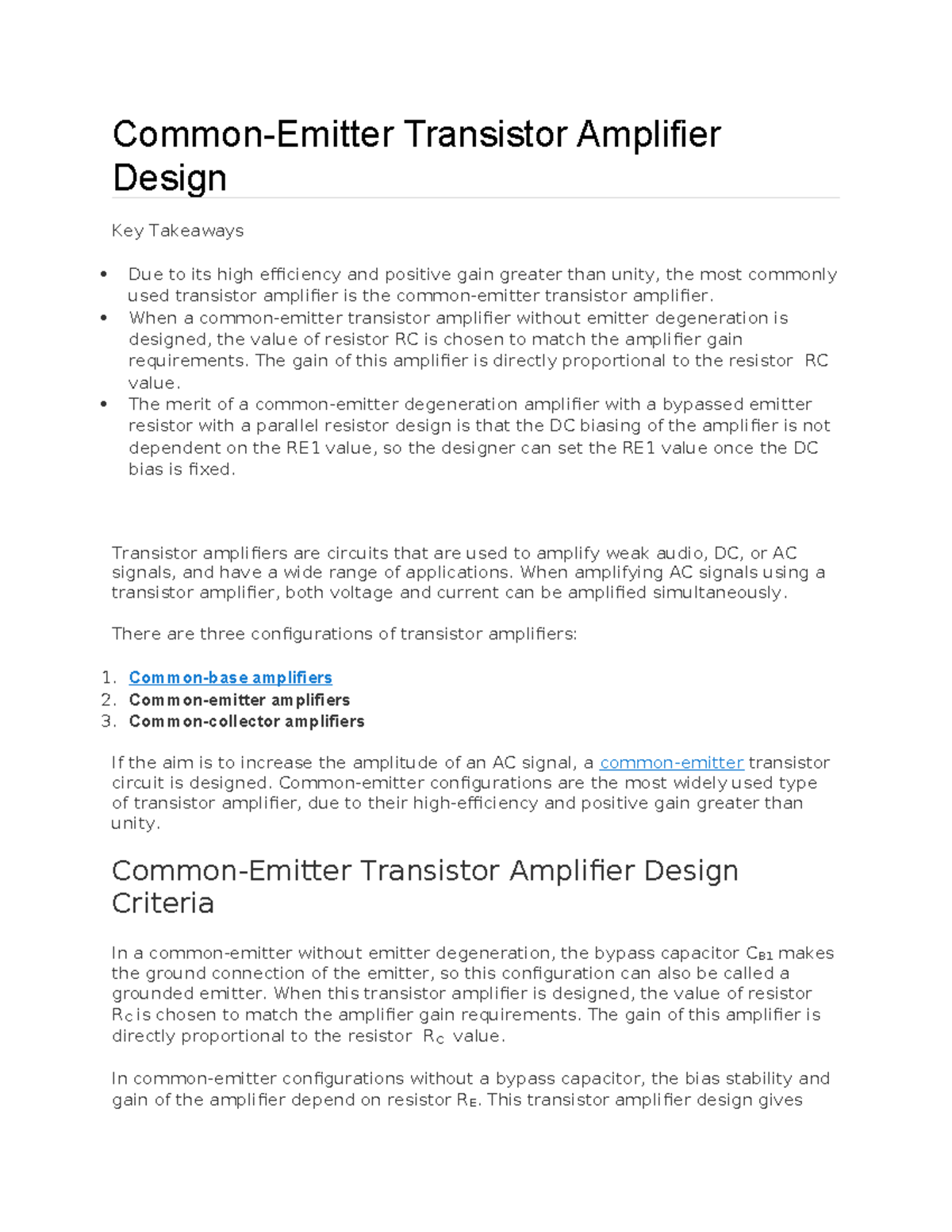 CE amplifier design - notes - Common-Emitter Transistor Amplifier ...