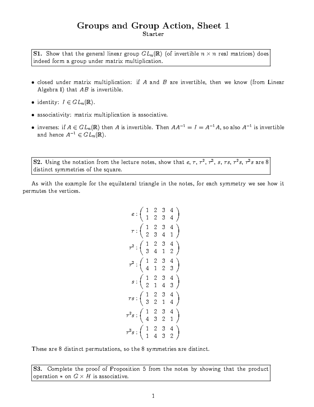 Sheet 1 starter solutions - Groups and Group Action, Sheet 1 Starter S1 ...