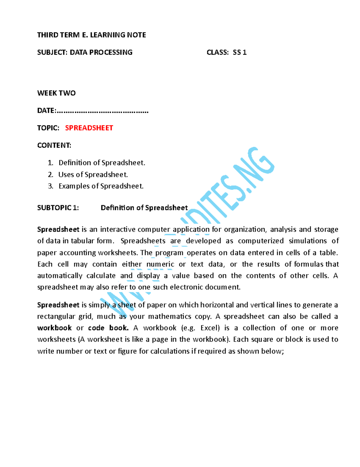 E-Note SS One 3rd Term Data Processing - THIRD TERM E. LEARNING NOTE ...