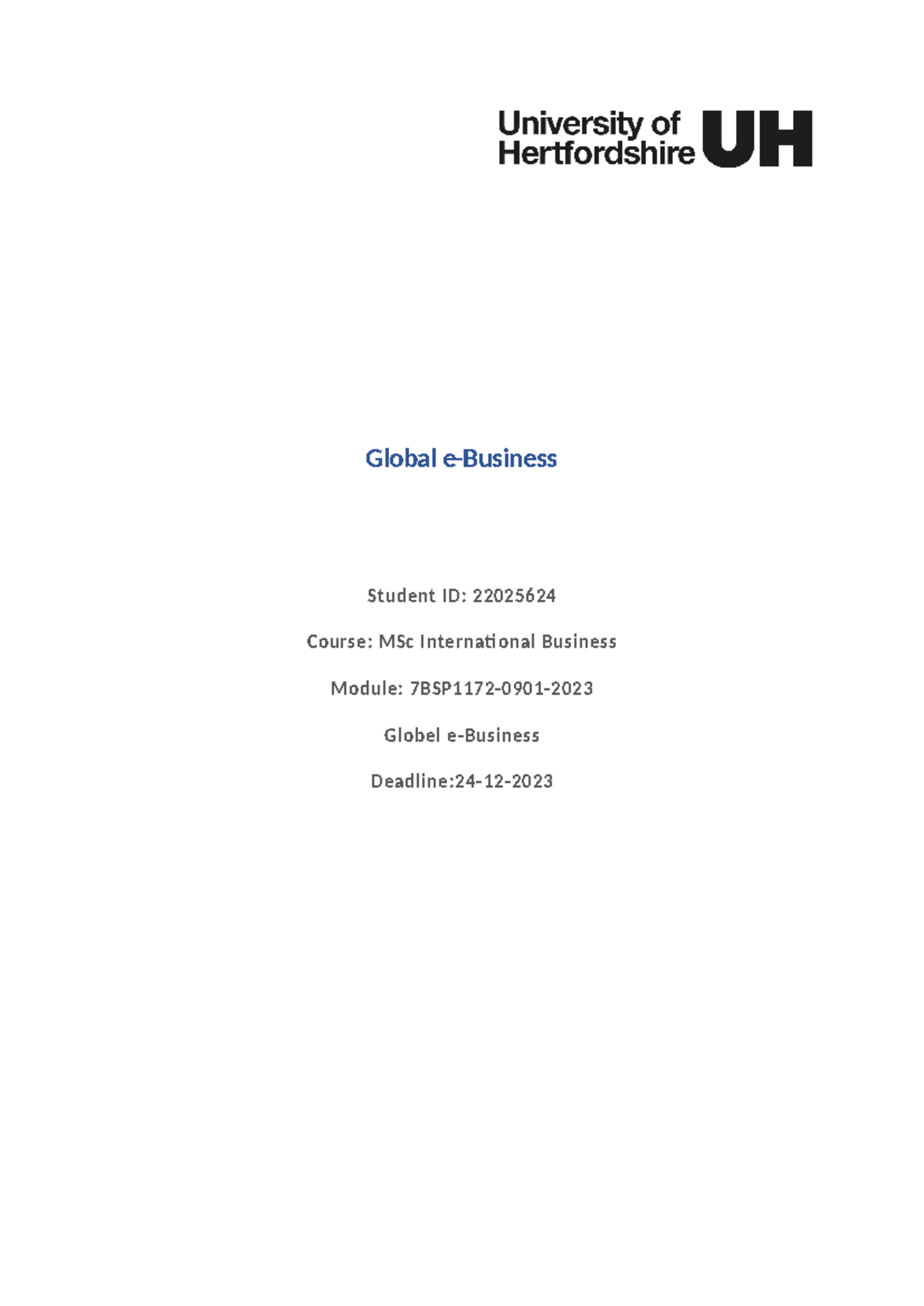 Gb assignment - Global e-Business Student ID: 22025624 Course: MSc ...