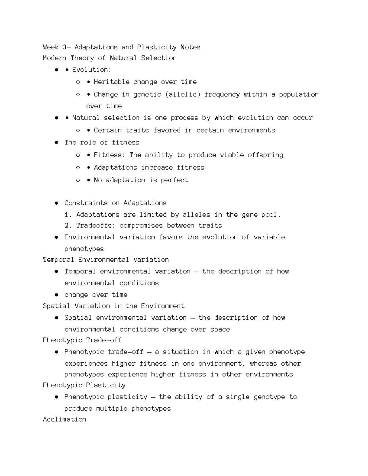 Week 3- Adaptations and Plasticity Notes - Adaptations are limited by ...