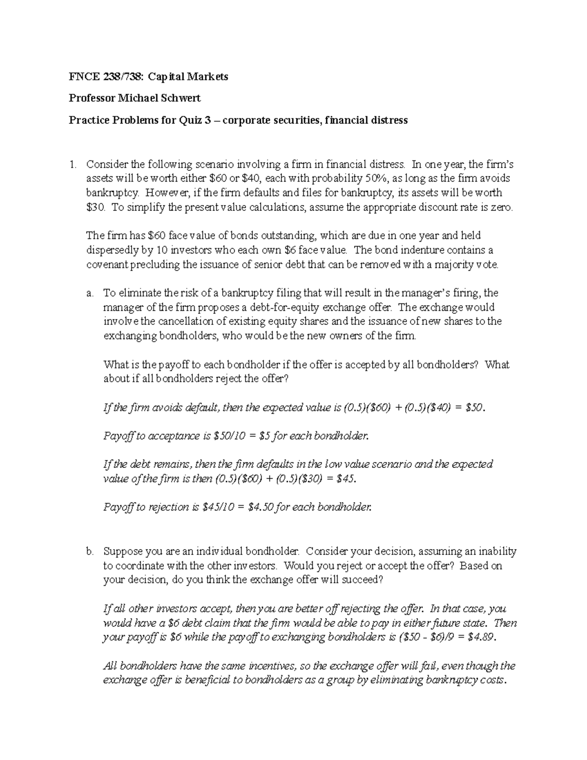 Practice Problems - Quiz 3 (Solutions) - FNCE 238/738: Capital Markets ...