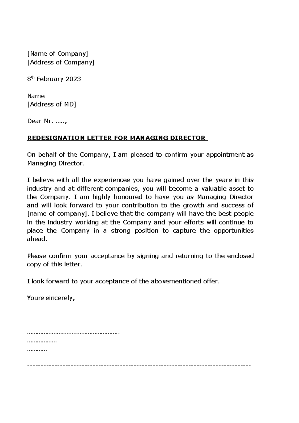 CORPORATE PRACTICAL - LETTER OF REDESIGNATION - [Name of Company ...
