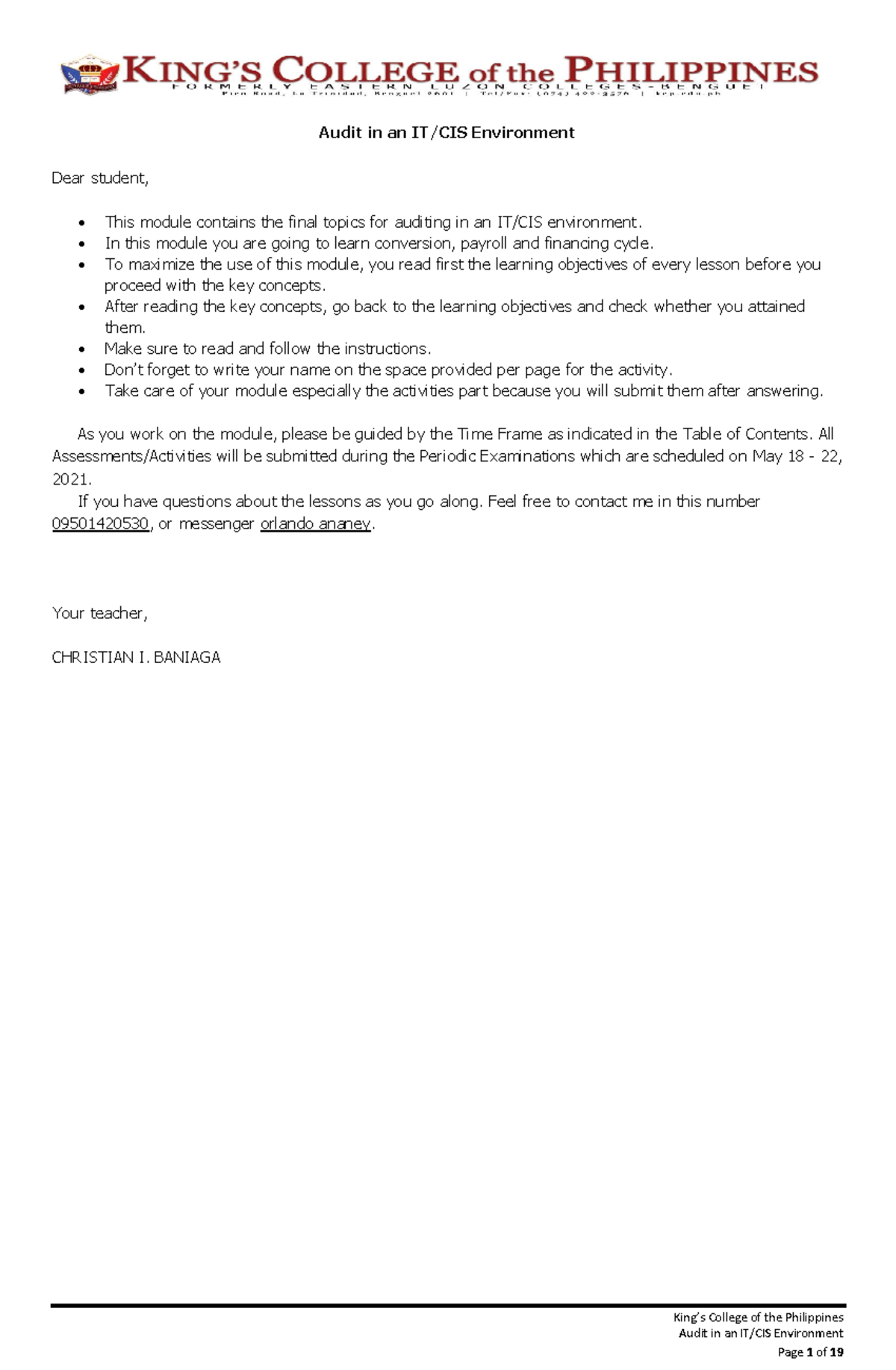 Audit in a an IT or CIS Environment Module 3 - King’s College of the ...