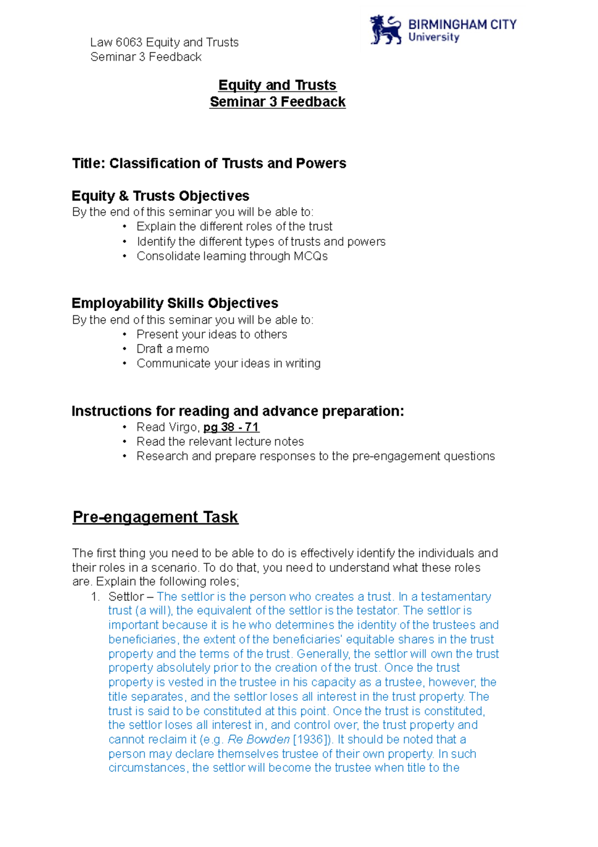 Seminar 3 - Classification of trusts and powers - Feedback - Seminar 3 Feedback Equity and ...