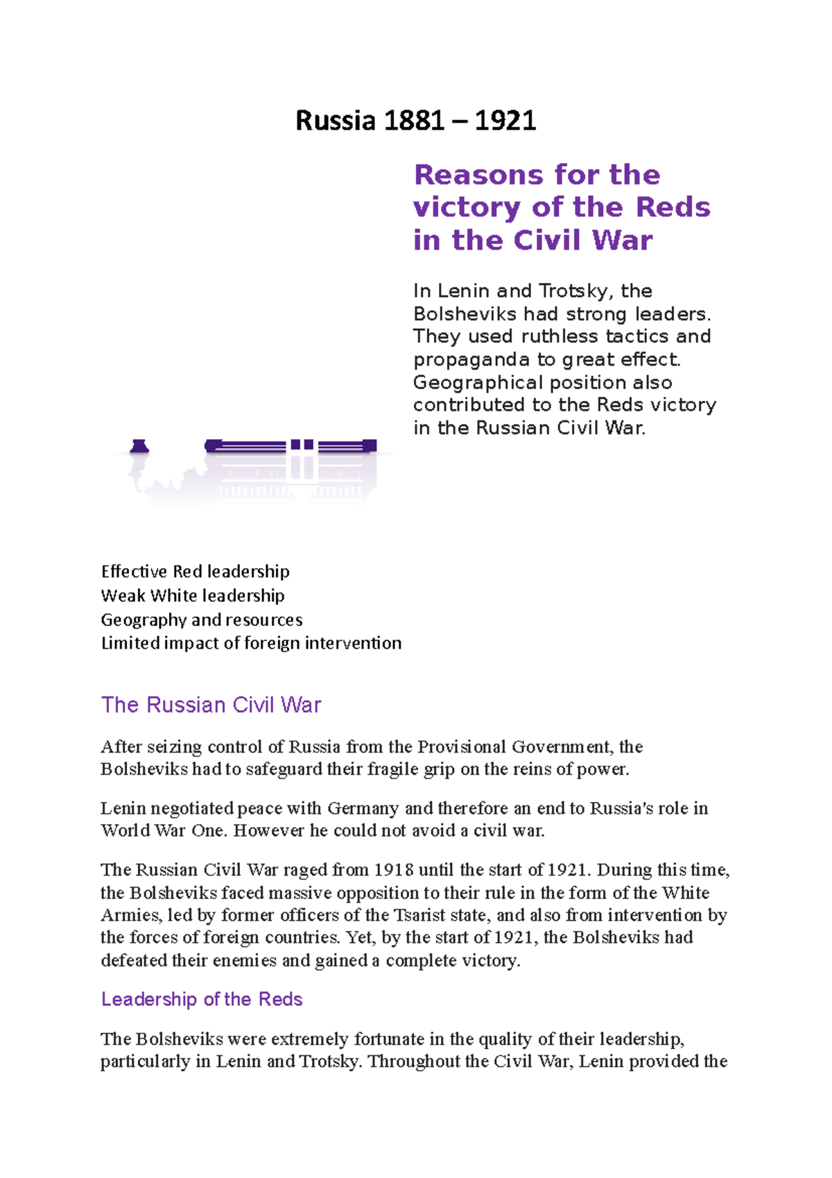 Reasons for the victory of the reds in the civil war - Russia 1881 ...
