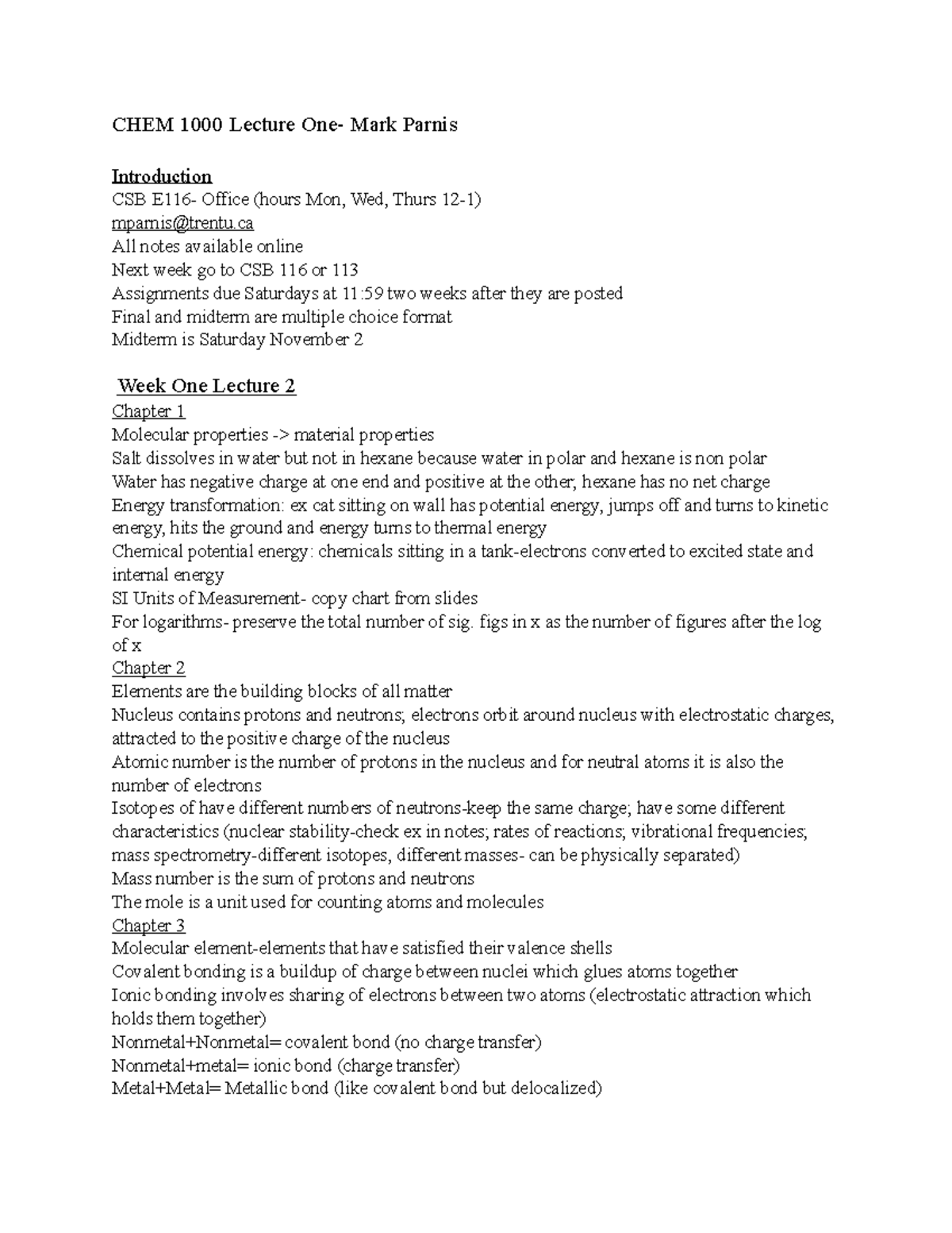 CHEM Lecture Notes - CHEM 1000 Lecture One- Mark Parnis Introduction ...