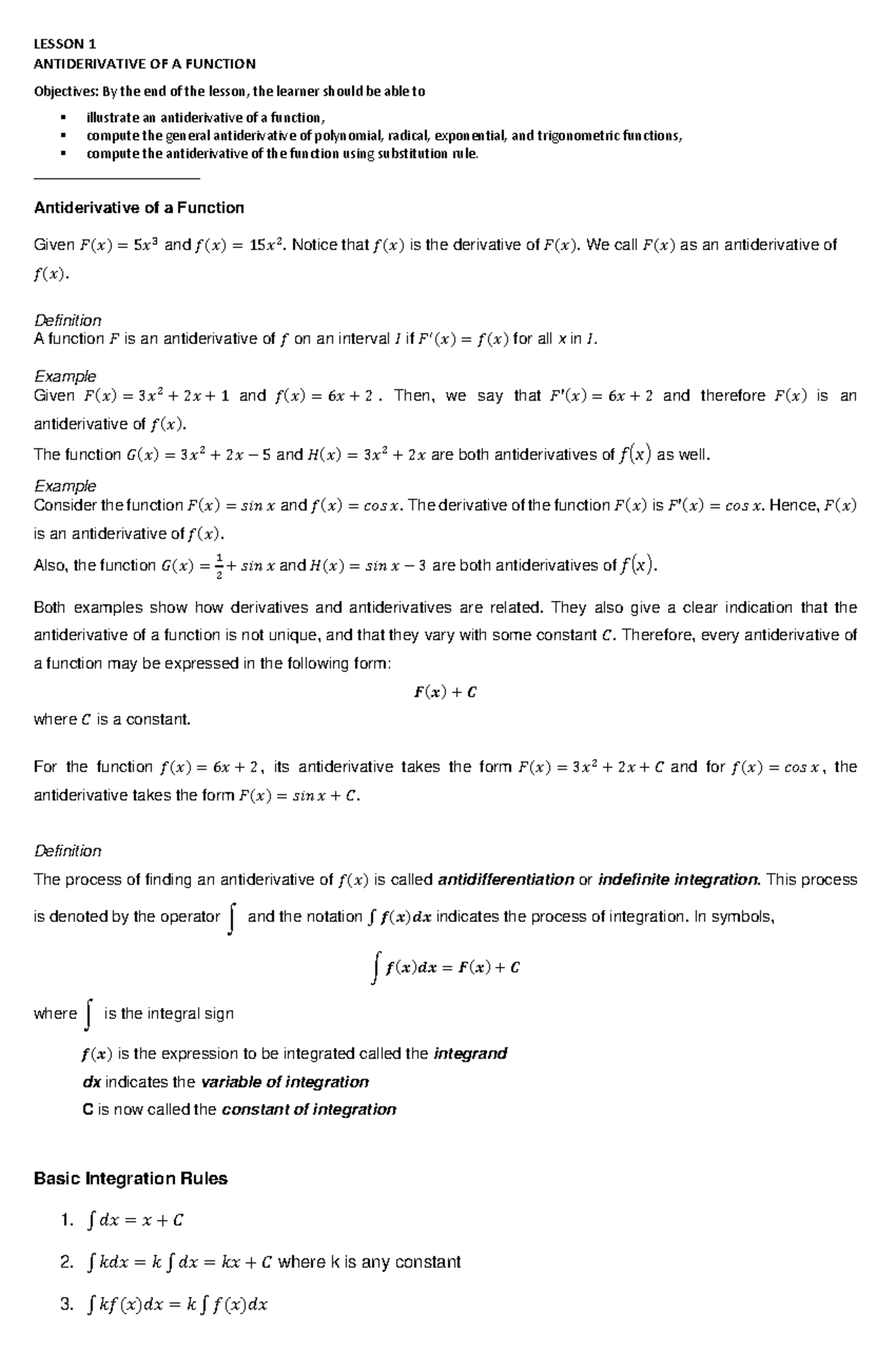 Basic Calculus Lesson 1f - LESSON 1 ANTIDERIVATIVE OF A FUNCTION ...