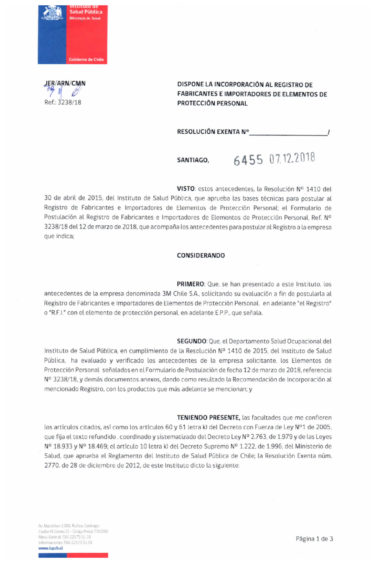 15. Certificado ISP EPA- Res.6455 07.12.18 - Ref.3238-18 3M Chile ...