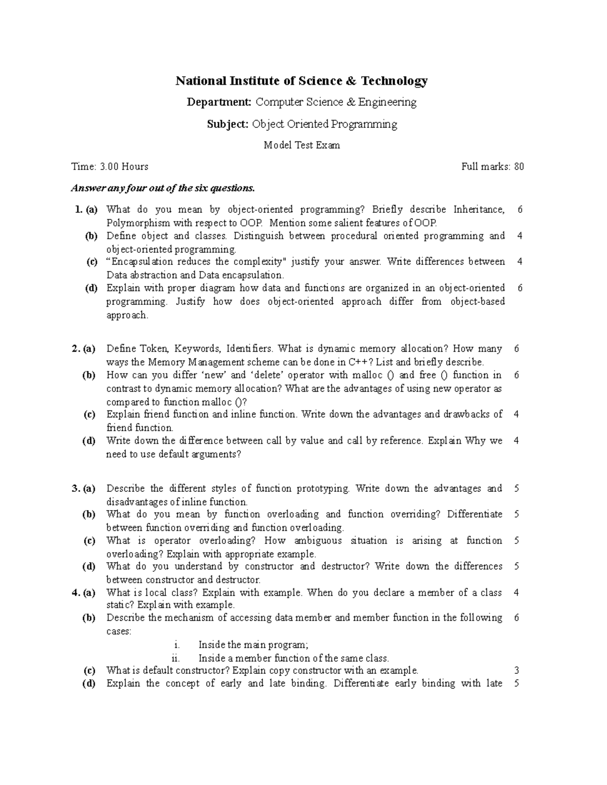 OOP MTQuestion Draft - OOP - National Institute of Science & Technology Department: Computer ...