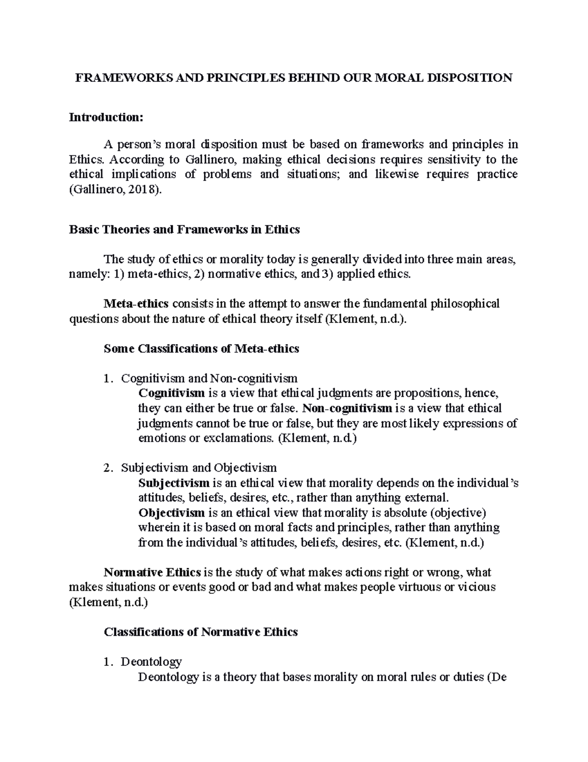 Frameworks AND Principles Behind OUR Moral Disposition - FRAMEWORKS AND ...