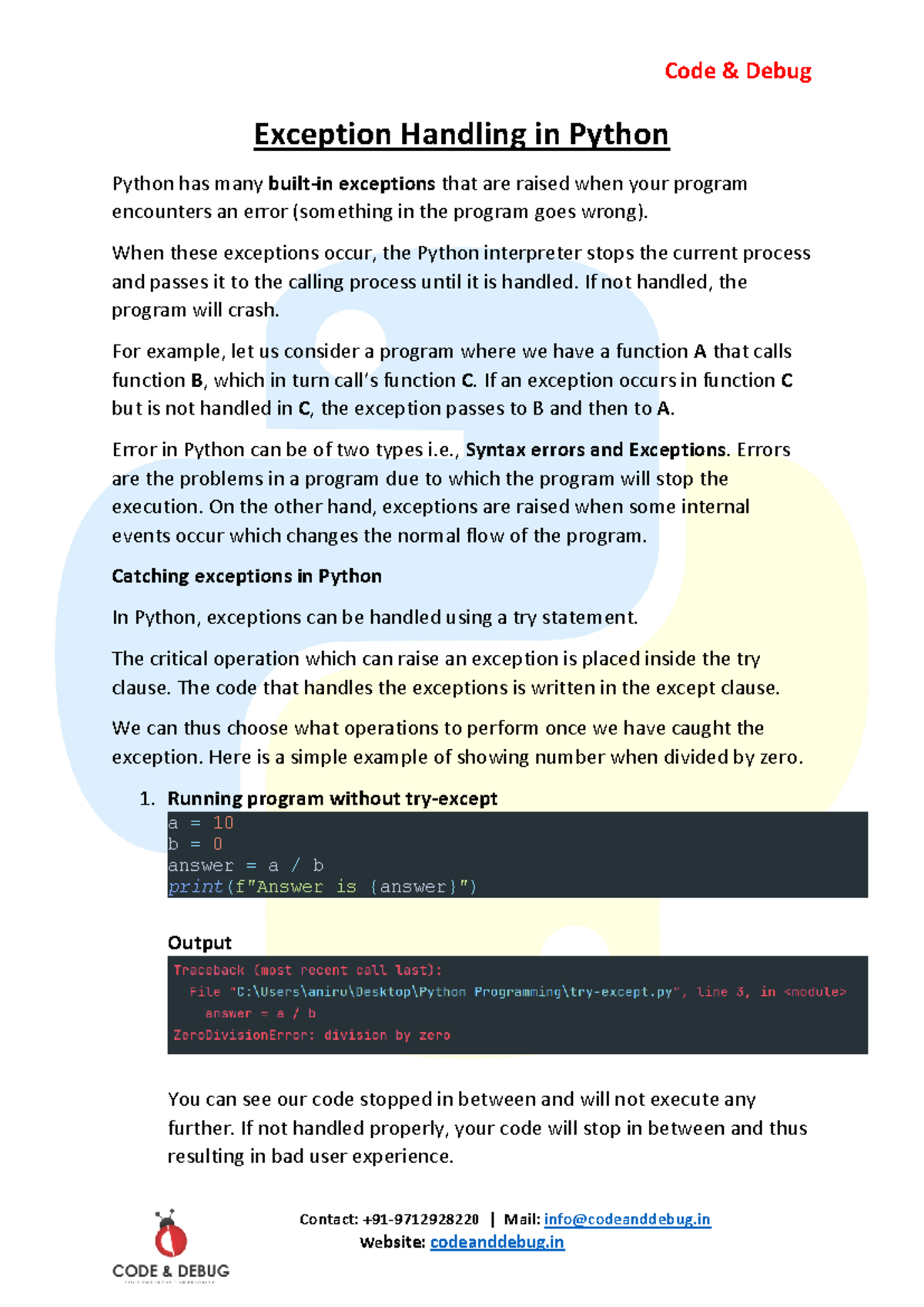 13 Python Contact 91 9712928220 Mail Infocodeanddebug Exception Handling In Python