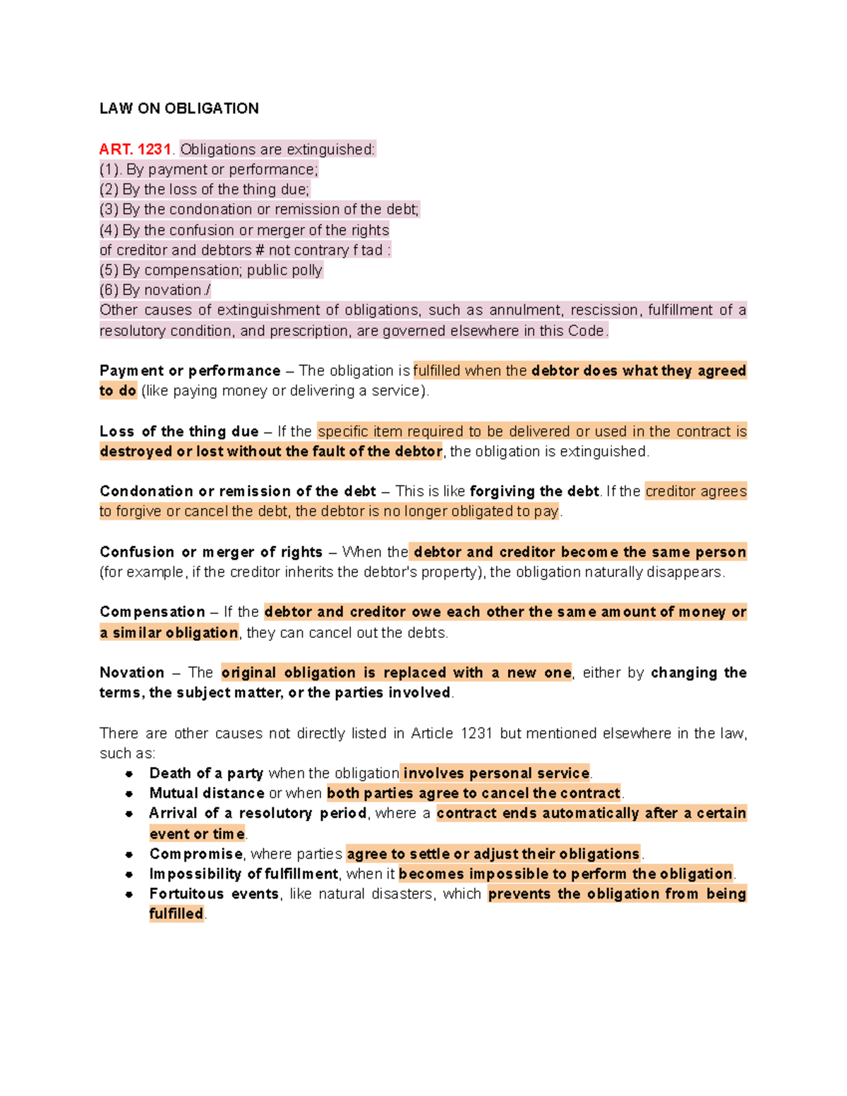 Law on Obligation (1231 - 1304) - LAW ON OBLIGATION ART. 1231 ...