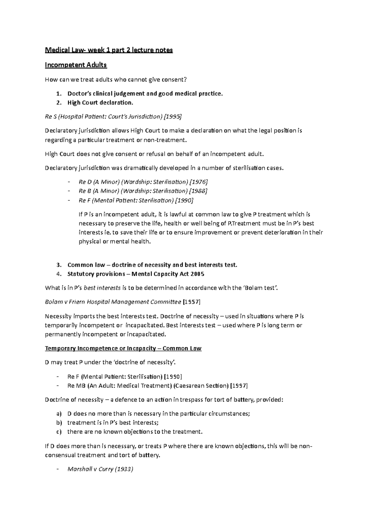 Incompetent adults lecture noes - Medical Law- week 1 part 2 lecture ...