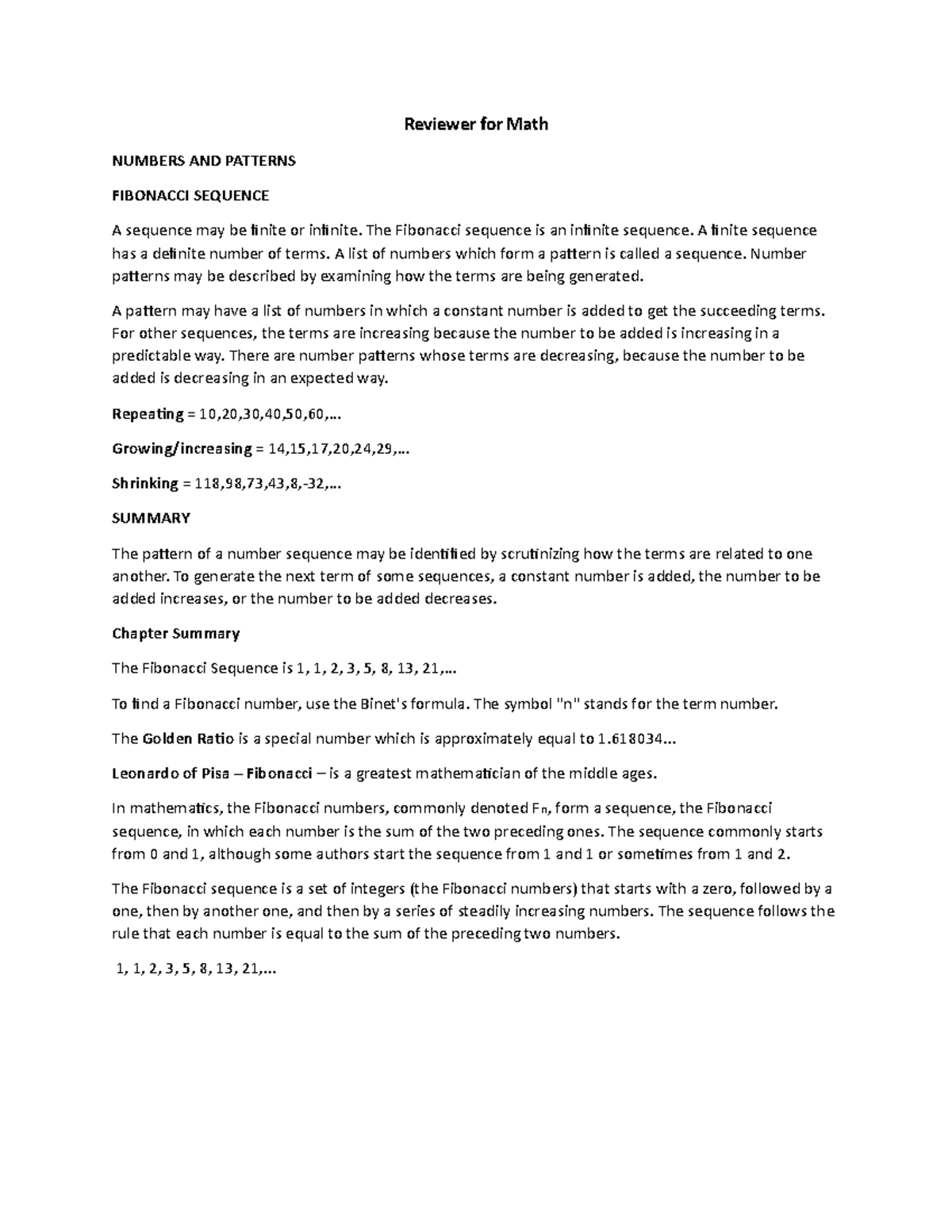 Reviewer for Math prelims - Reviewer for Math NUMBERS AND PATTERNS FIBONACCI SEQUENCE A sequence ...