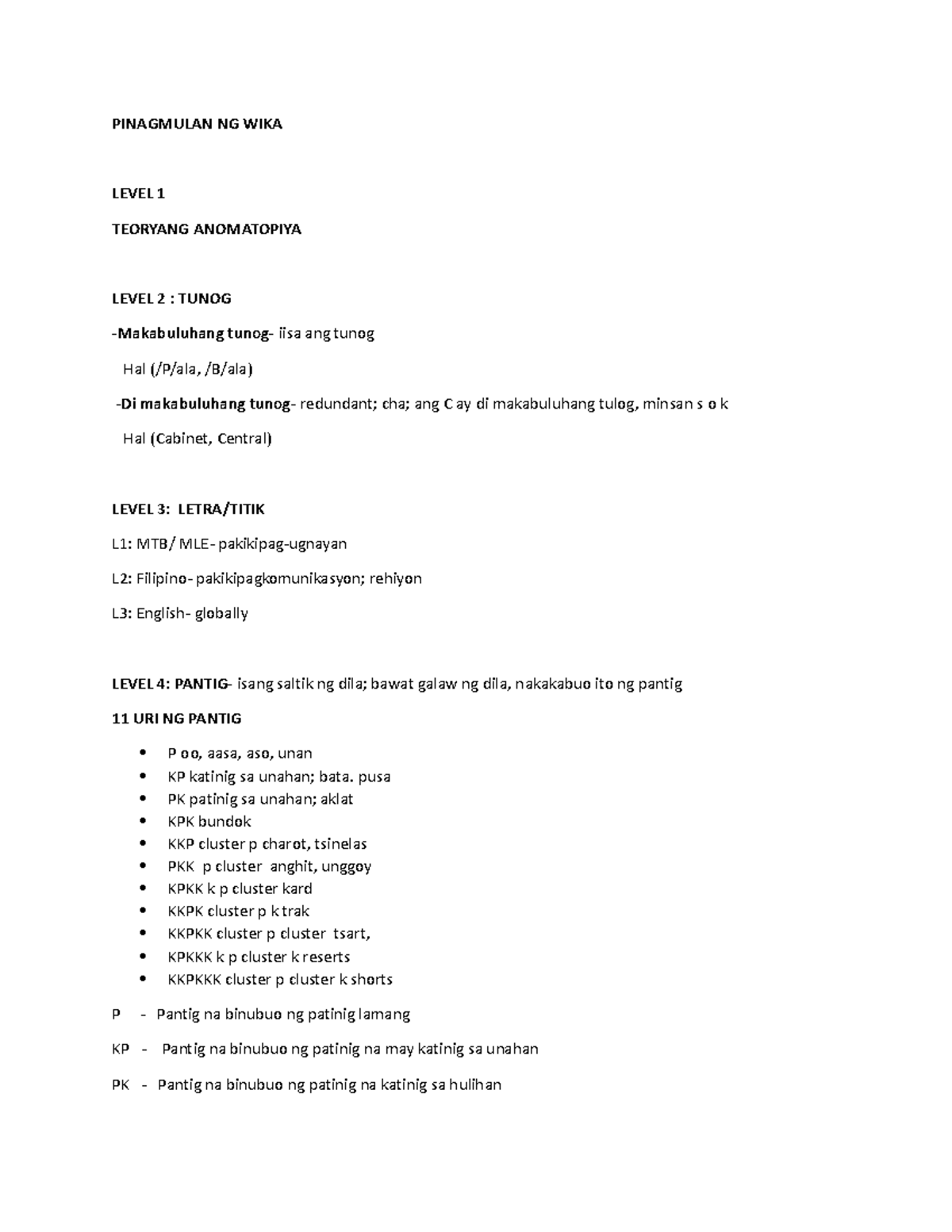 Midterm- Reviewer ( Filipino) - PINAGMULAN NG WIKA LEVEL 1 TEORYANG ANOMATOPIYA LEVEL 2 : TUNOG ...