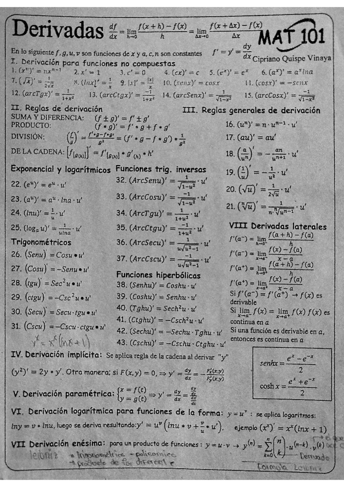 Tabla de derivadas Ing - Util para lab de fisica 100 - Derivadas dis df lim h MAT 101 En lo ...