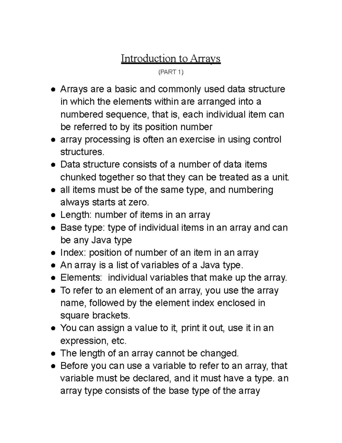 Introduction to Arrays - Introduction to Arrays (PART 1) Arrays are a ...