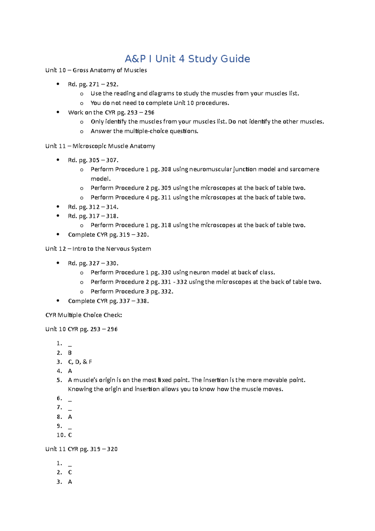 BIOL 2113L Exam 4 Study Guide - A&P I Unit 4 Study Guide Unit 10 ...