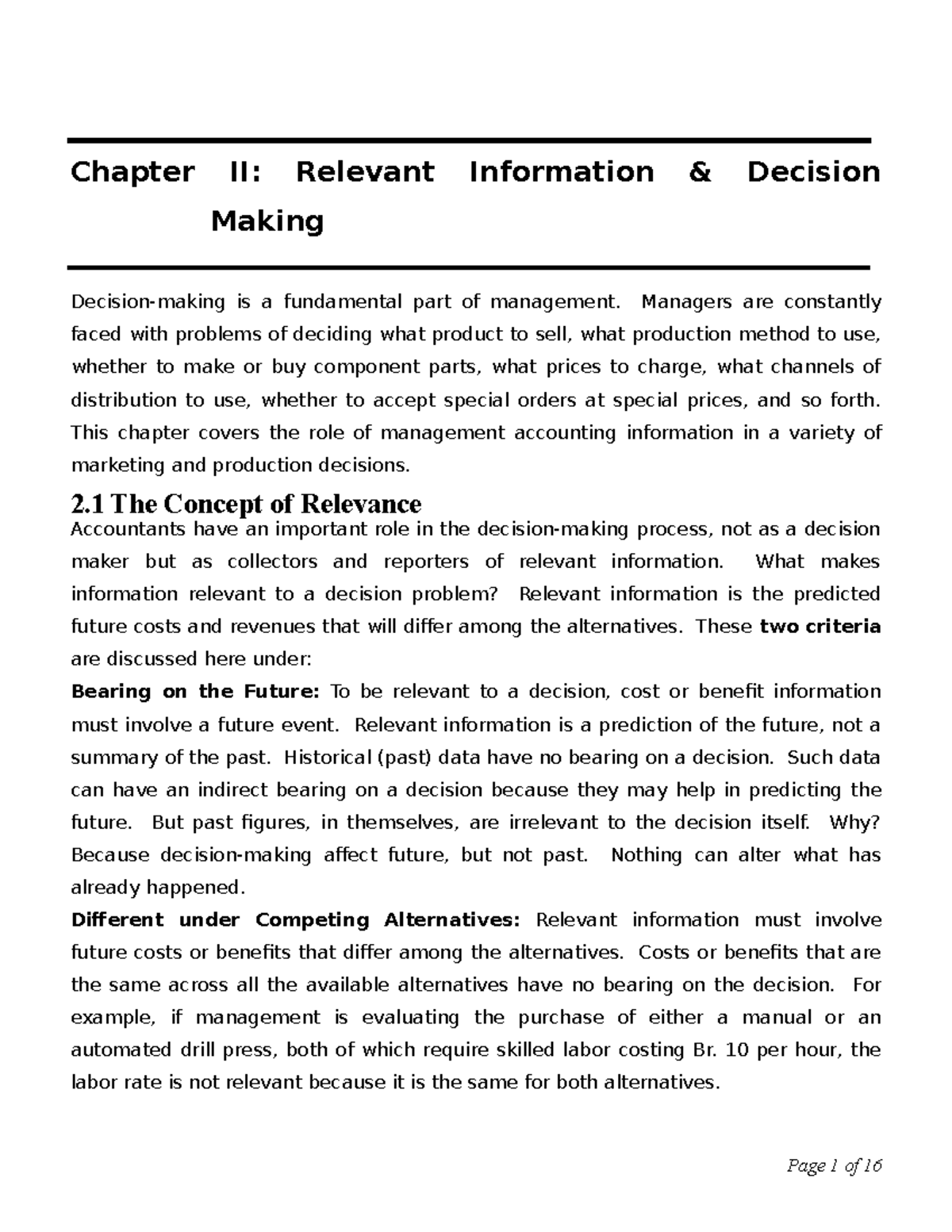 Relevant information Rev - Chapter II: Relevant Information & Decision ...