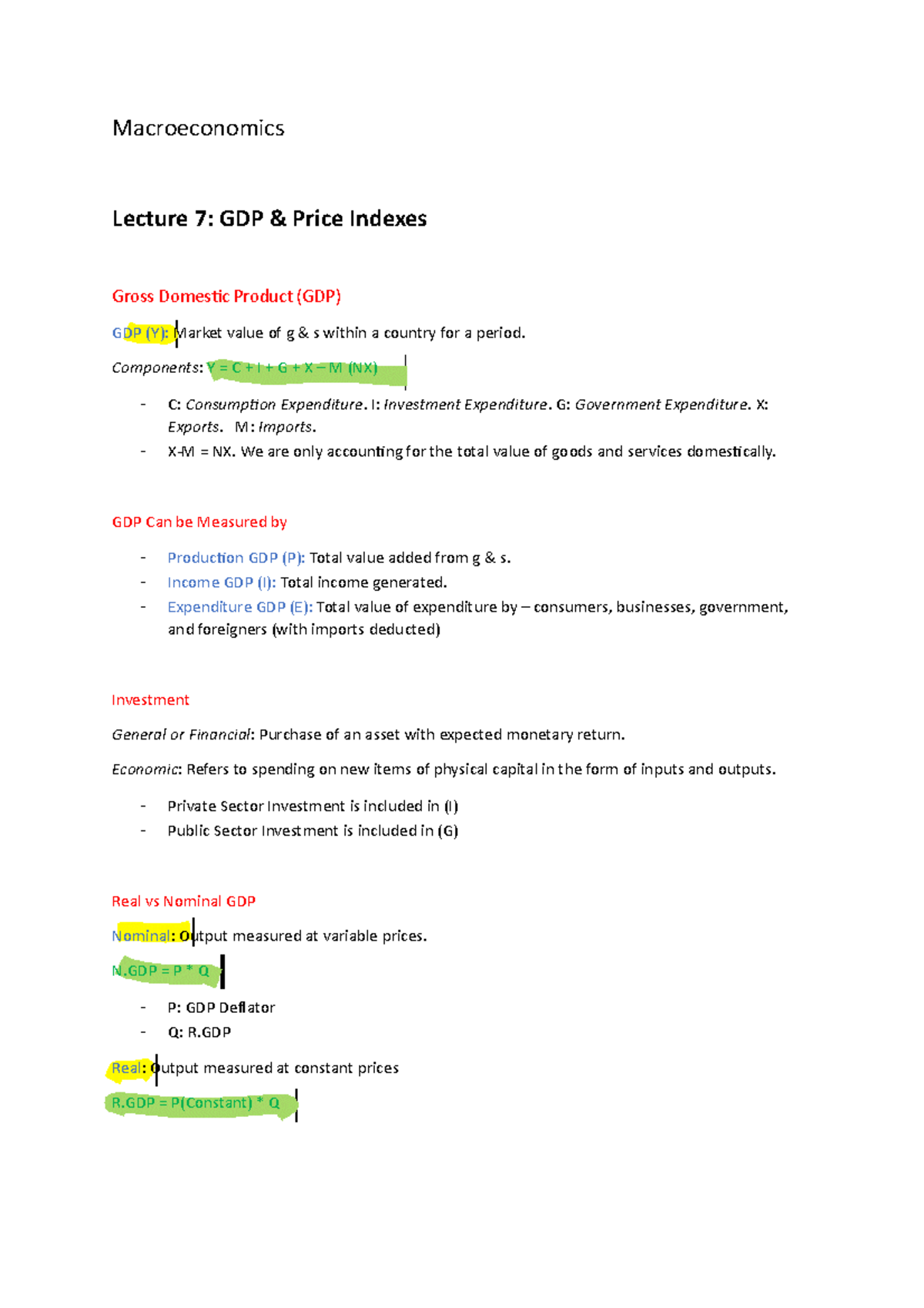 Macroeconomics Summary Notes - Macroeconomics Lecture 7: GDP & Price ...