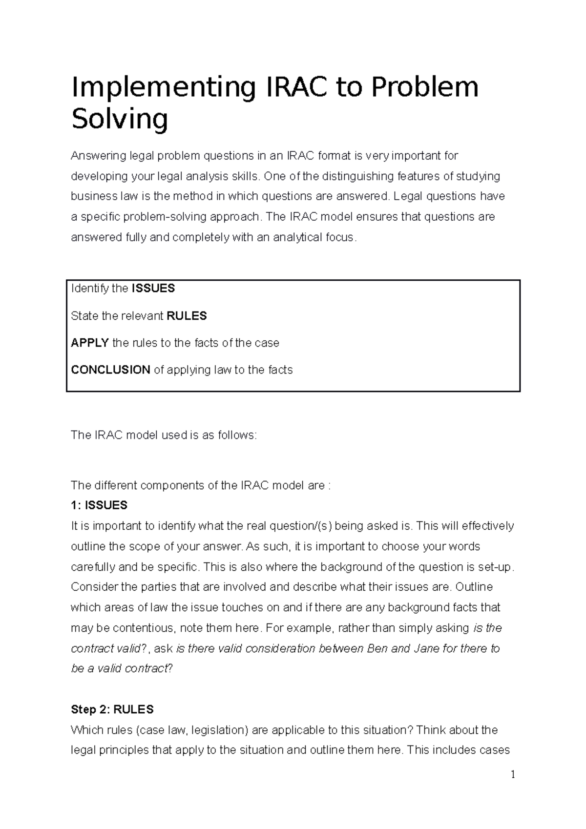 Implementing IRAC to Problem Solving - 016108 - Studocu