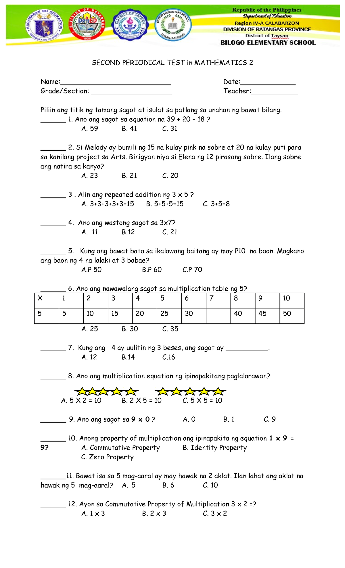 PT Mathematics 2 Q2 - used by the students - SECOND PERIODICAL TEST in ...