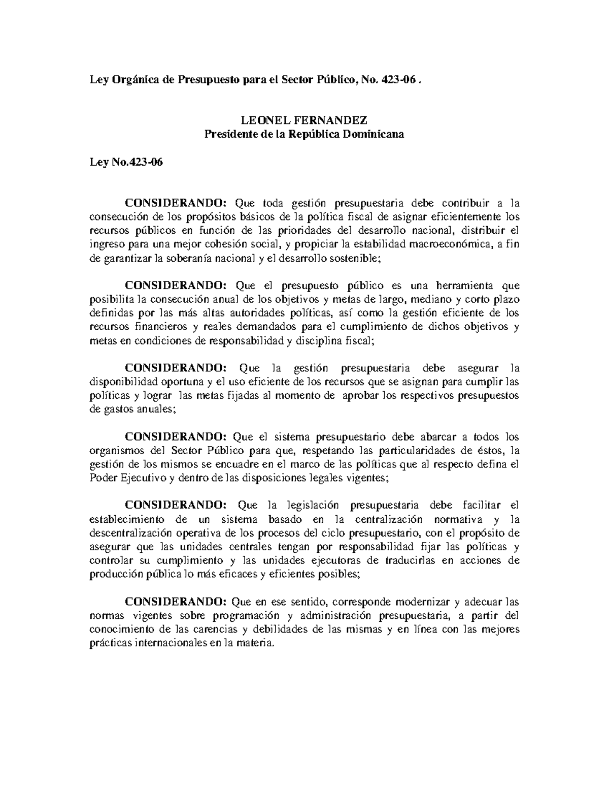 Ley 423-06 - ley organica de administracion publica - Ley Orgánica de ...