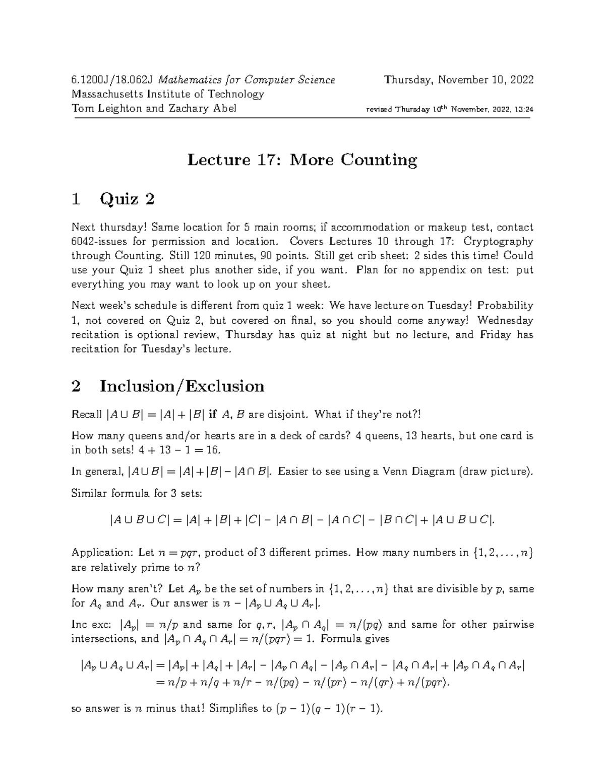 Lecture 17: More Counting 1 Quiz 2 - Studocu