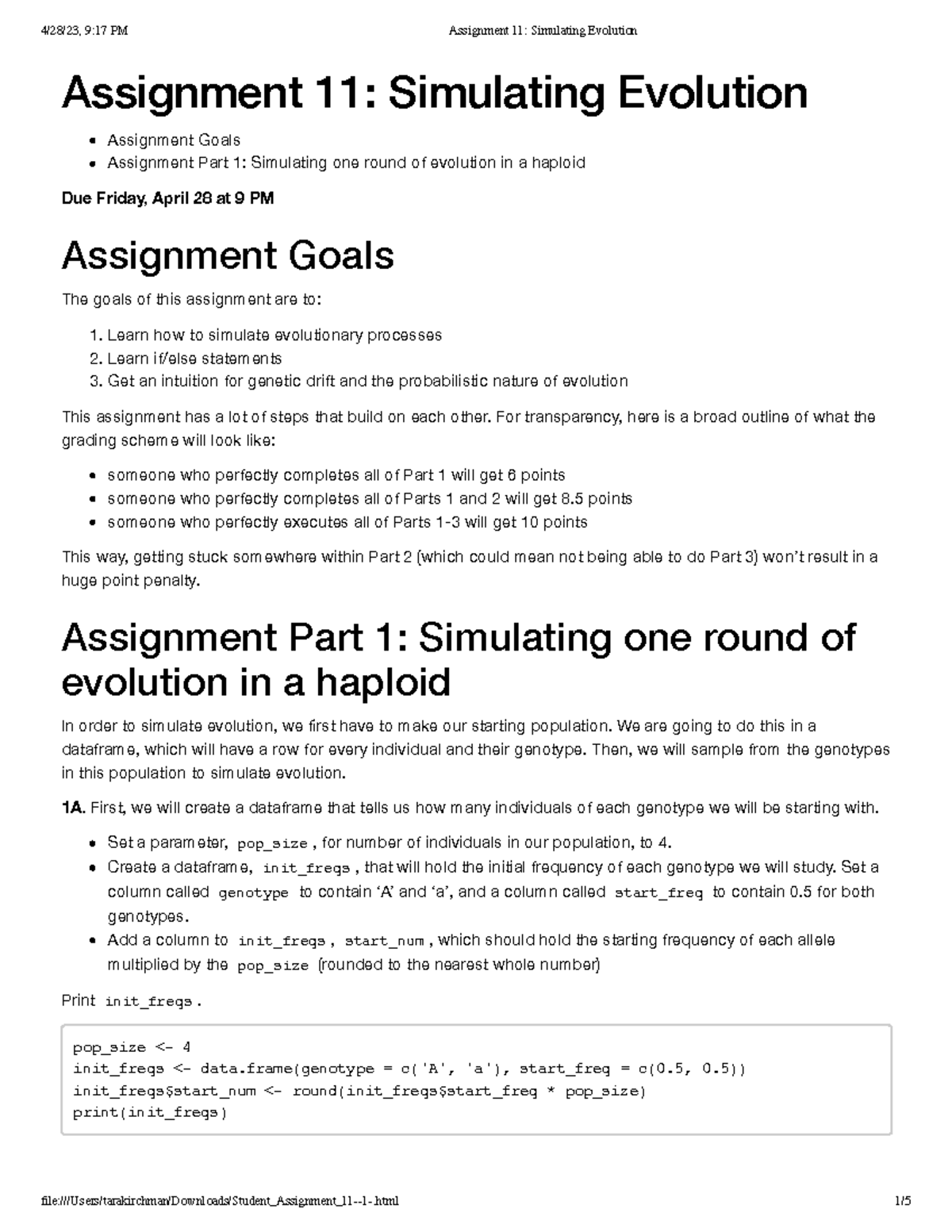 Assignment 11 Simulating Evolution - Assignment 11: Simulating Evolution Assignment Goals ...