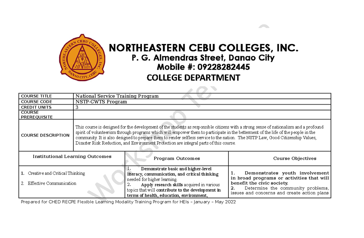NSTP Course Guide 2022 Updated - COURSE TITLE National Service Training ...