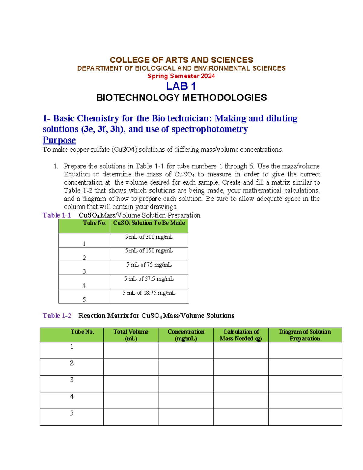 Lab 1 - lab - COLLEGE OF ARTS AND SCIENCES DEPARTMENT OF BIOLOGICAL AND ...