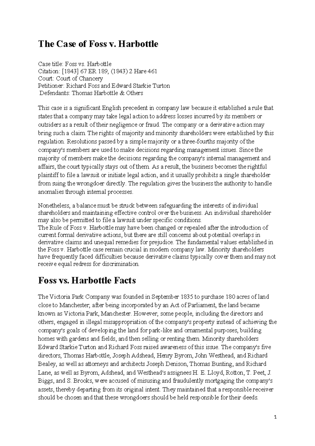 Kaif company - The Case of Foss v. Harbottle Case title: Foss vs ...