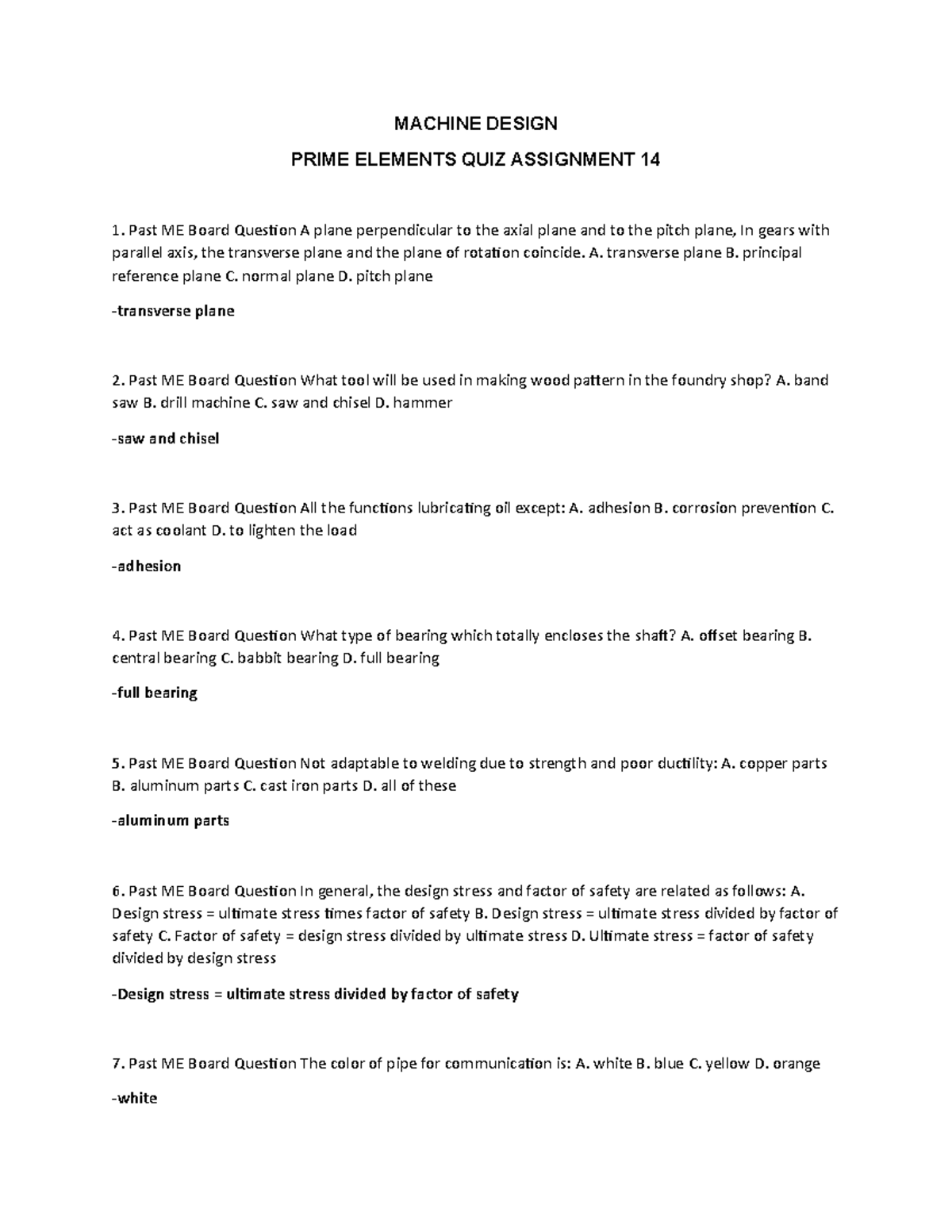 Assign 114 - MACHINE DESIGN PRIME ELEMENTS QUIZ ASSIGNMENT 14 Past ME ...