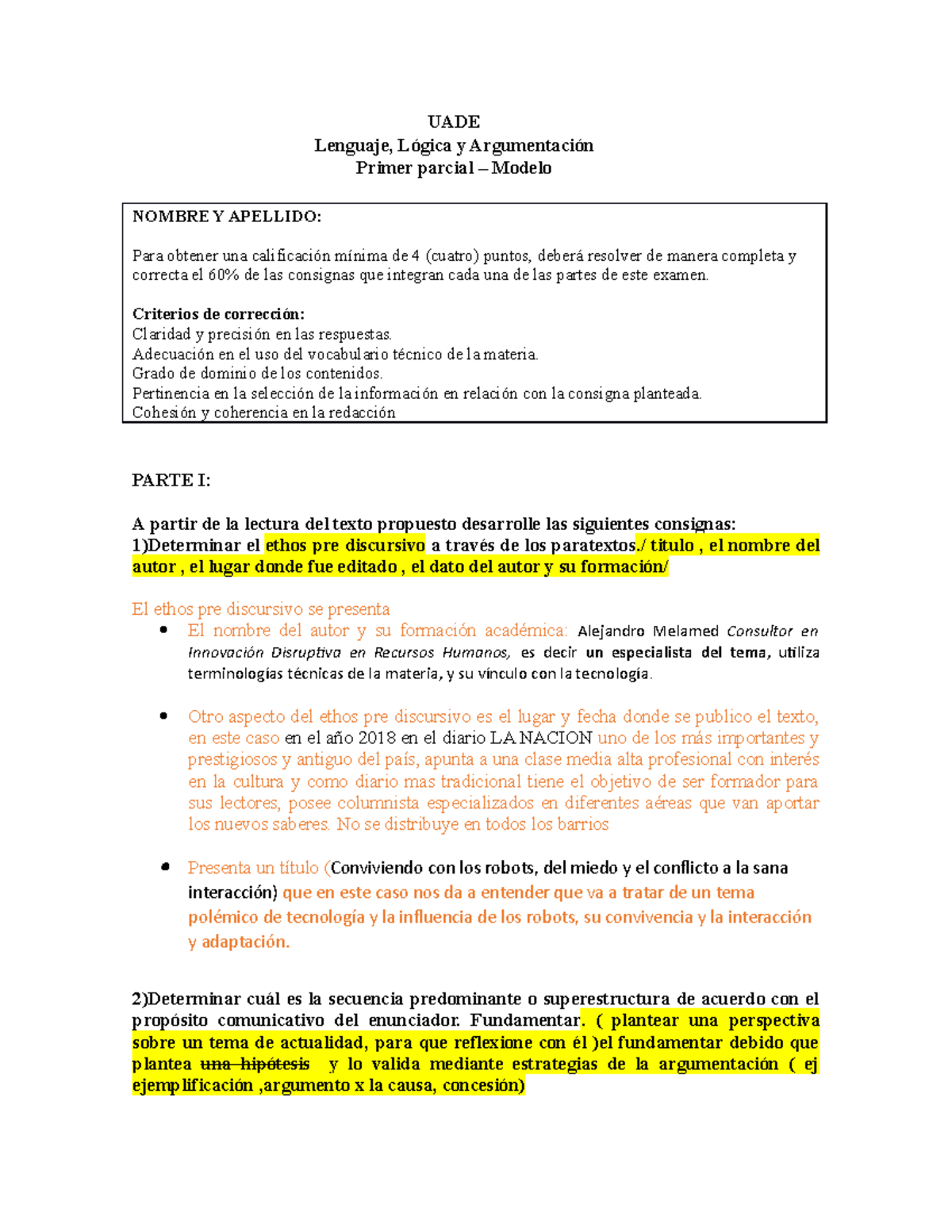 Modelo DE Primer Parcial Teams - UADE Lenguaje, Lógica y Argumentación Primer parcial – Modelo ...