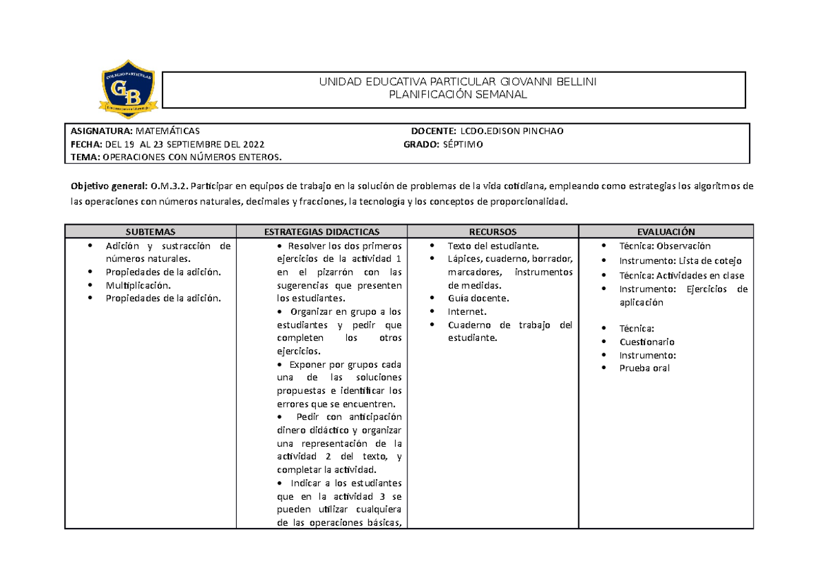 Planificación primaria semanal 3 - ASIGNATURA: MATEMÁTICAS DOCENTE ...