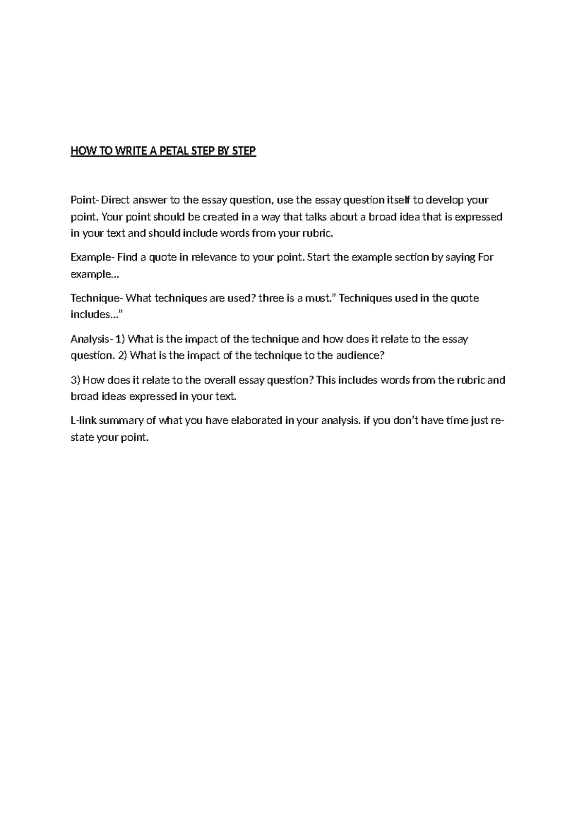 Petal yr 10 - HOW TO WRITE A PETAL STEP BY STEP Point- Direct answer to ...