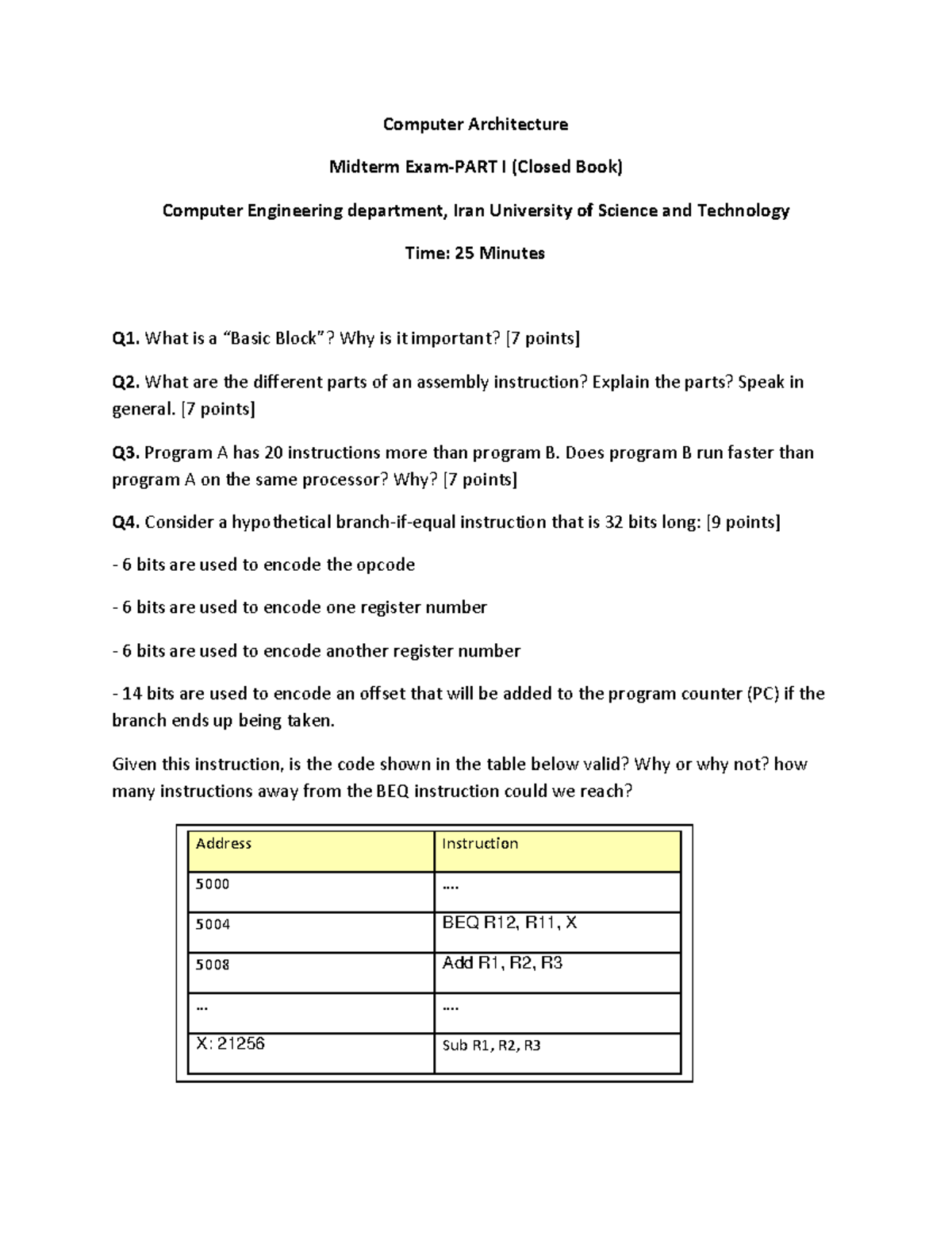 Midterm Exam Of Computer Architecture Drbeitolahi Computer Architecture Midterm Exam Part I